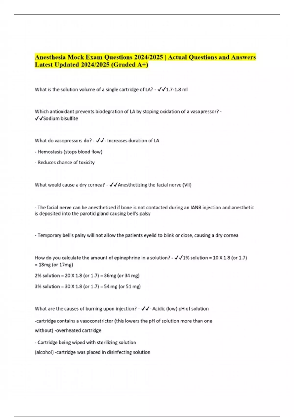 Anesthesia Mock Exam Questions 2024/2025 | Actual Questions and Answers ...