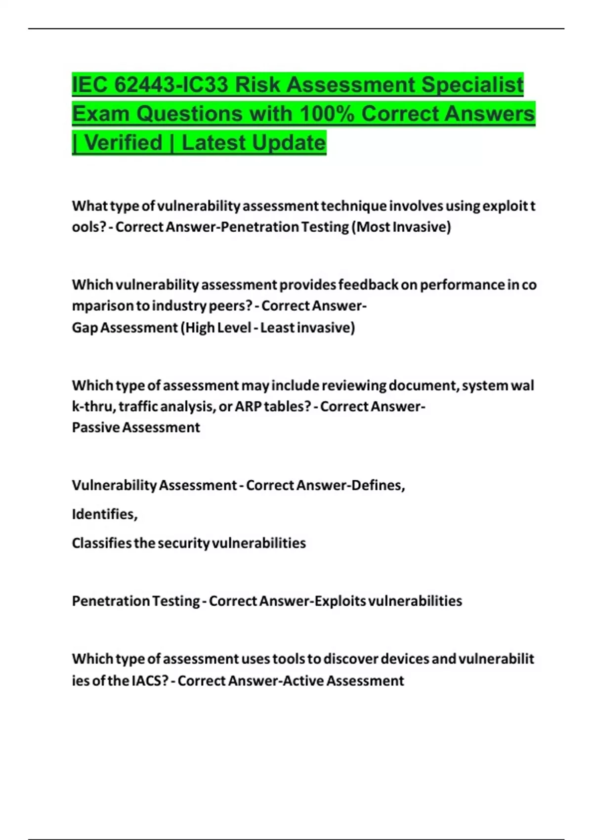 IEC 62443-IC33 Risk Assessment Specialist Exam Questions with 100% ...