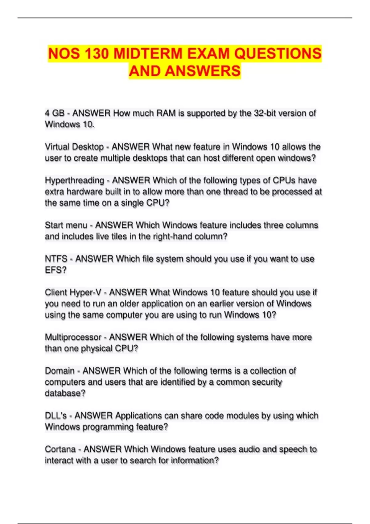 NOS 130 MIDTERM EXAM QUESTIONS AND ANSWERS - NOS 130 - Stuvia US