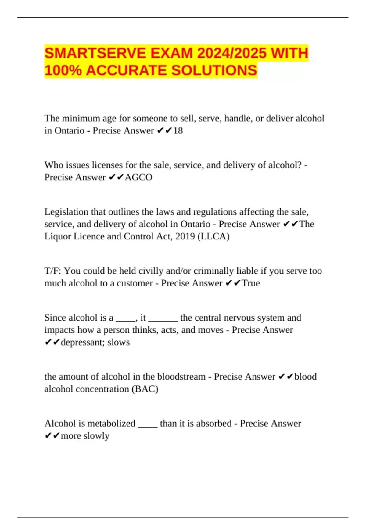 SMARTSERVE EXAM 2024/2025 WITH 100% ACCURATE SOLUTION - SMARTSERVE ...