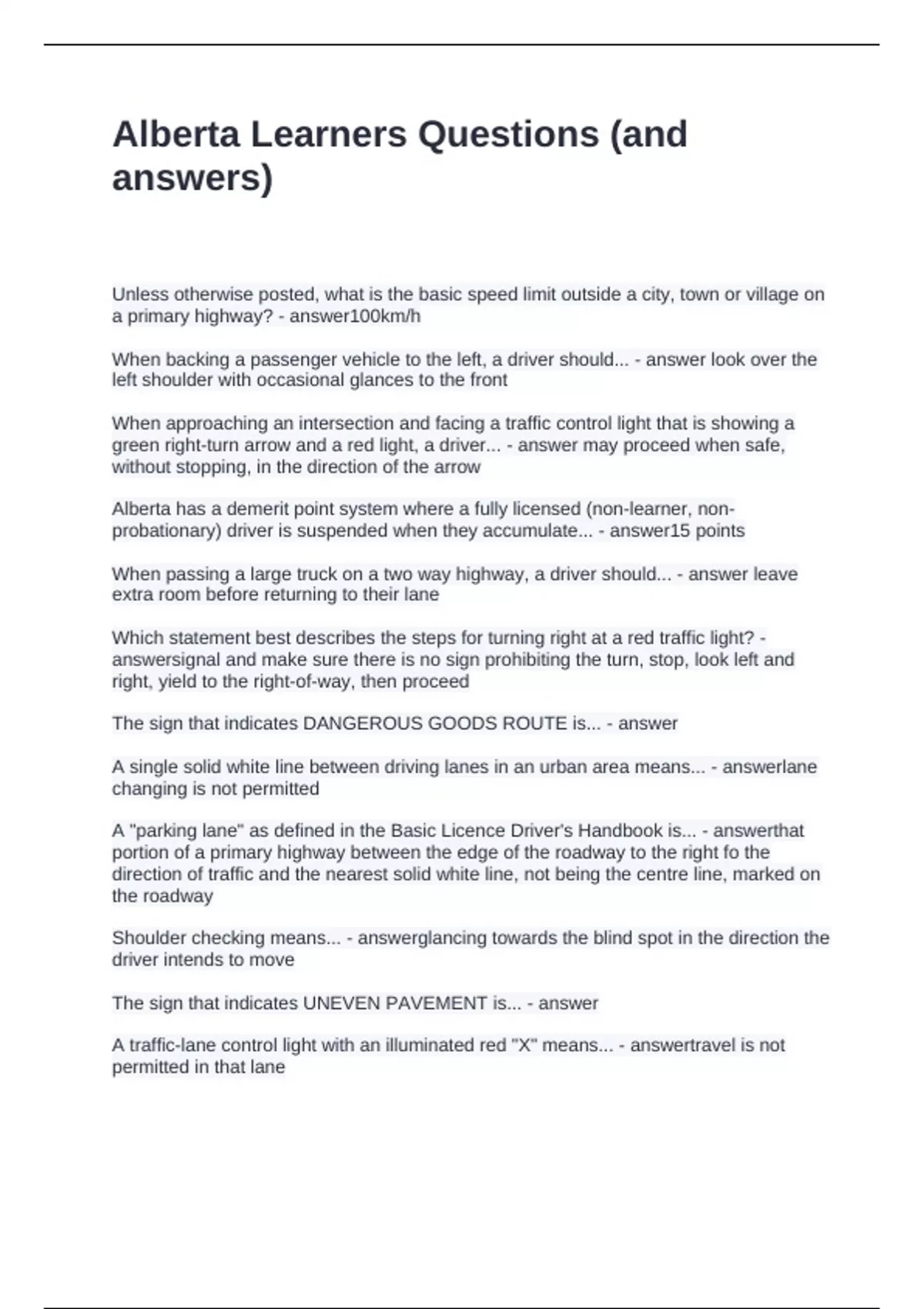 Alberta Learners Questions (and answers) 100% Accurate - Alberta ...