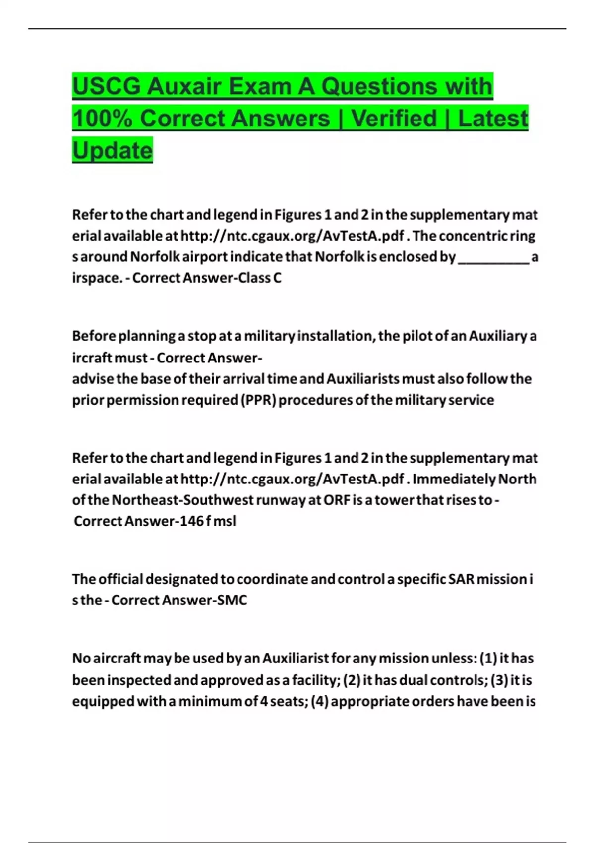 USCG Auxair Exam A Questions with 100% Correct Answers | Verified ...