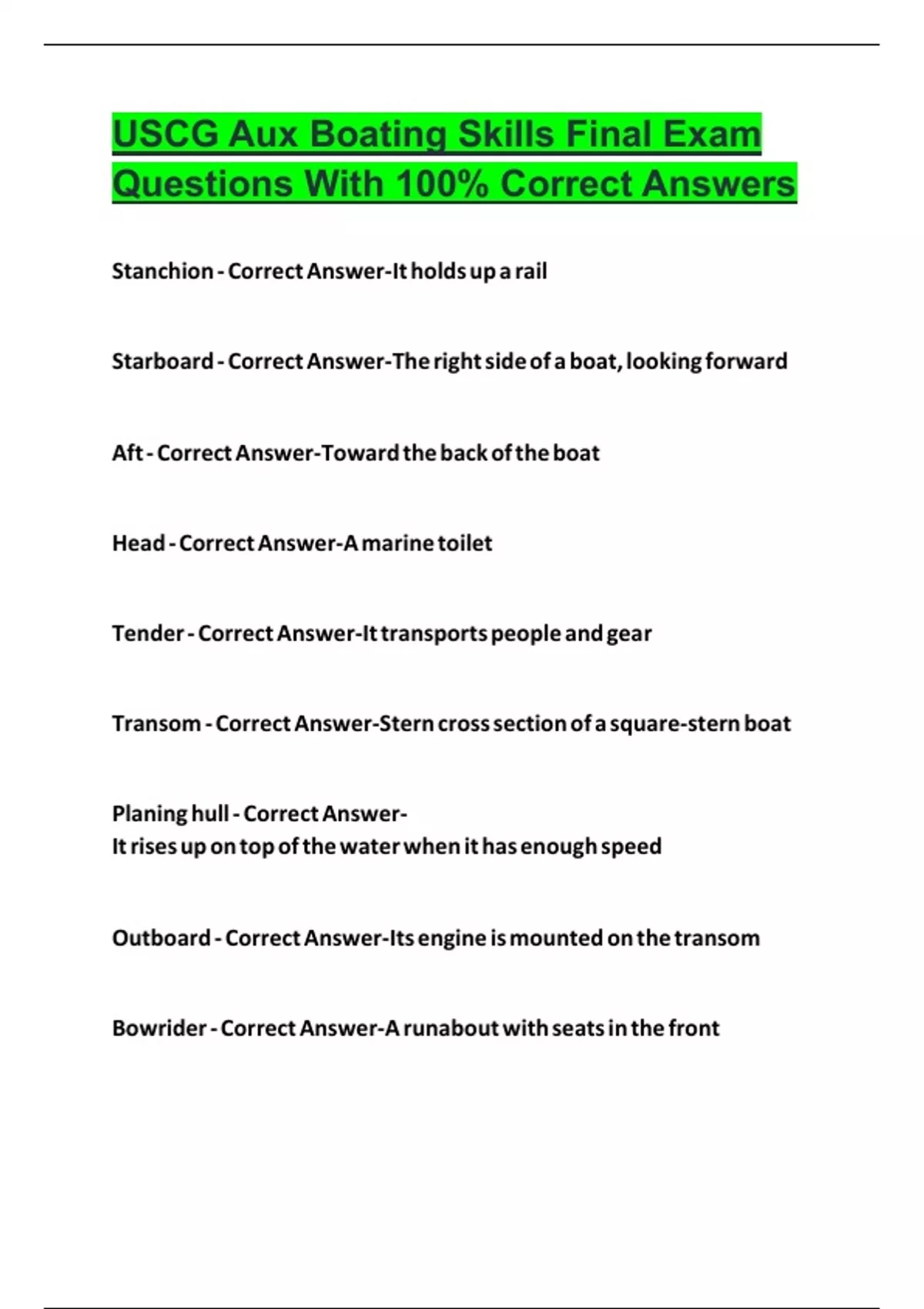 USCG Aux Boating Skills Final Exam Questions With 100% Correct Answers ...