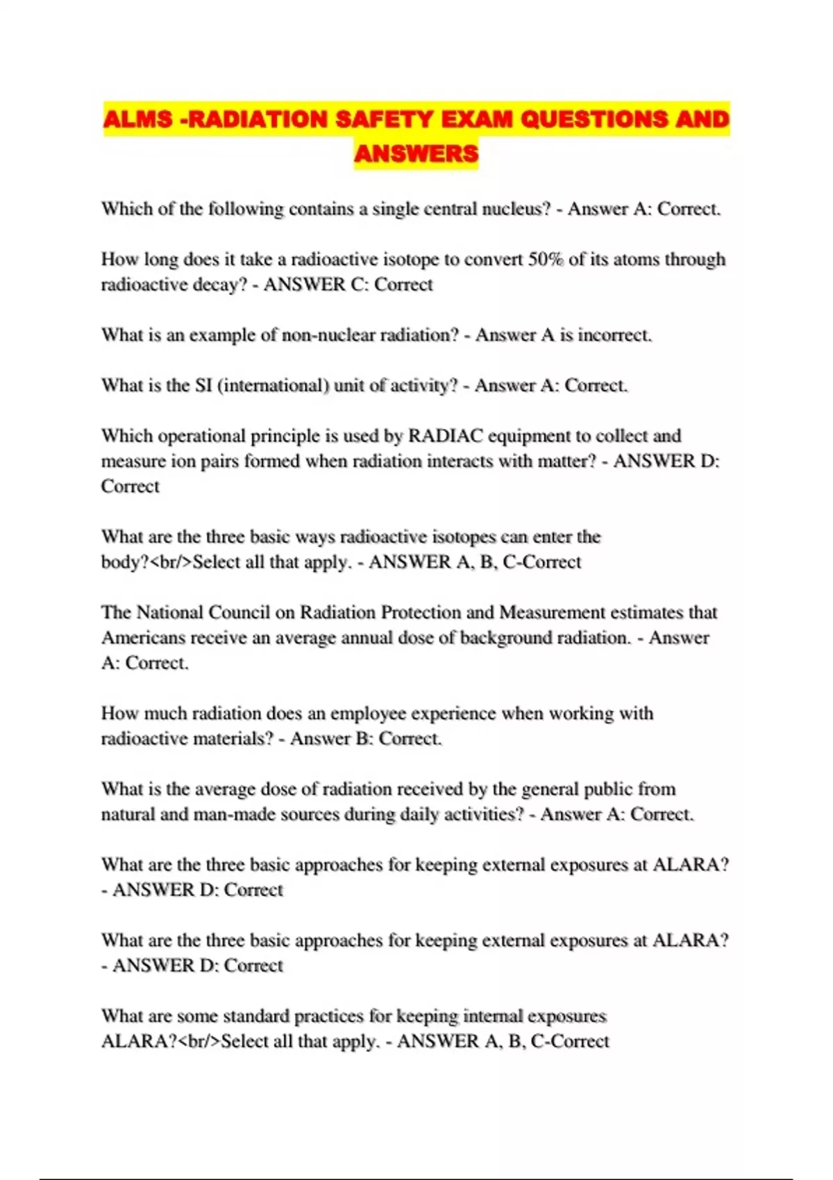ALMS -RADIATION SAFETY EXAM QUESTIONS AND ANSWERS - ALMS -RADIATION ...