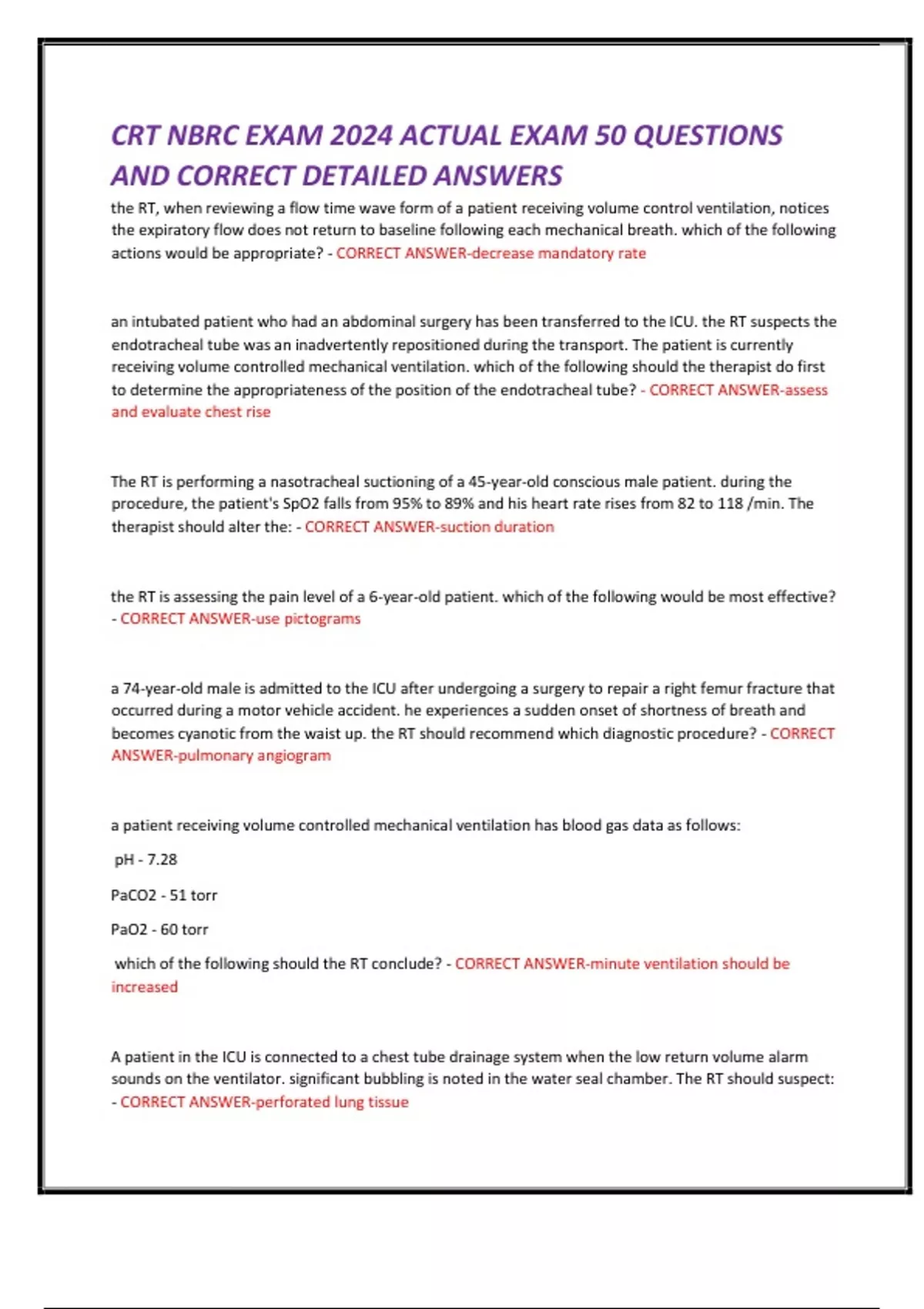 CRT NBRC EXAM 2024 ACTUAL EXAM 50 QUESTIONS AND CORRECT DETAILED ...
