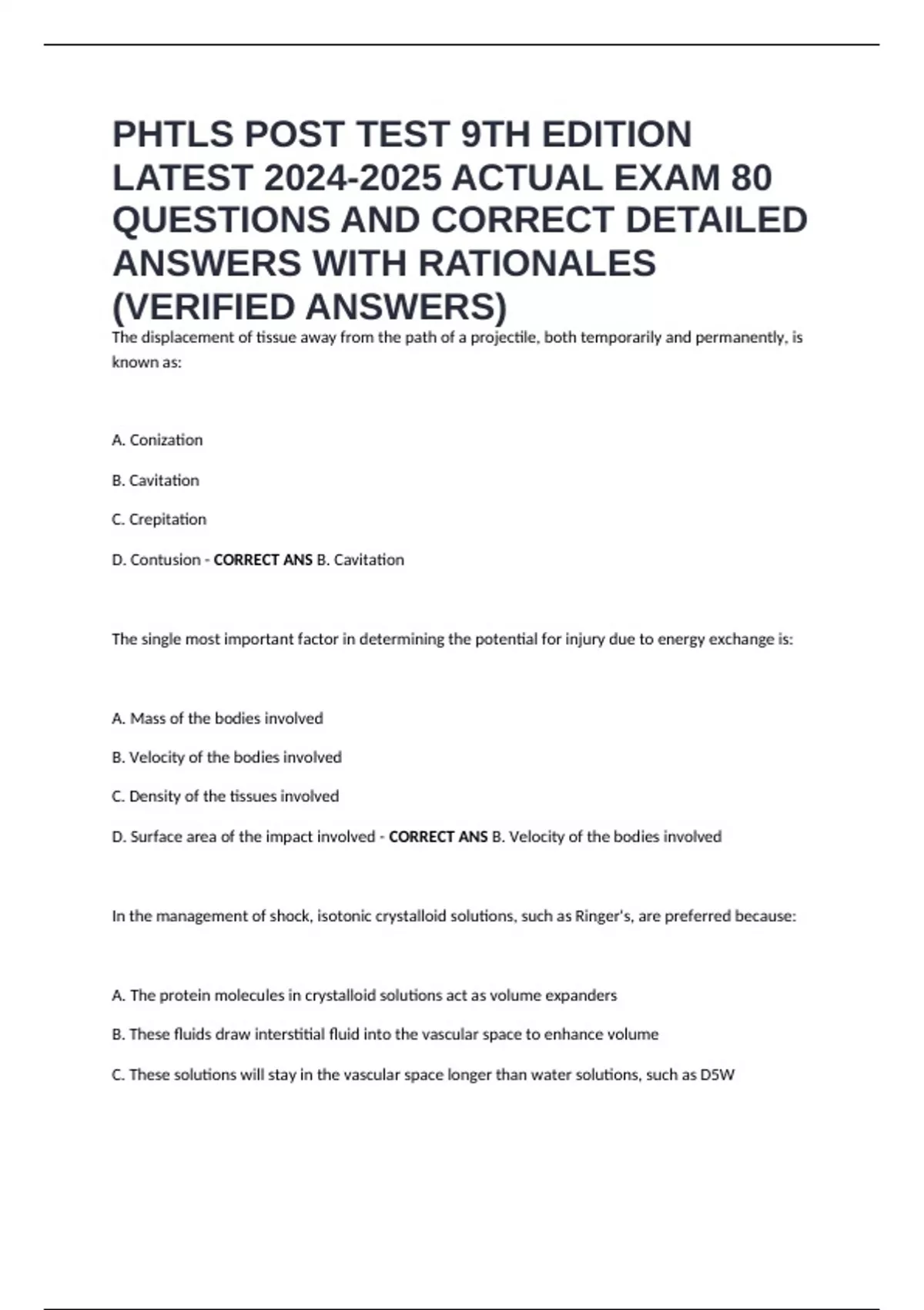 PHTLS POST TEST 9TH EDITION LATEST ACTUAL EXAM 80 QUESTIONS AND CORRECT ...