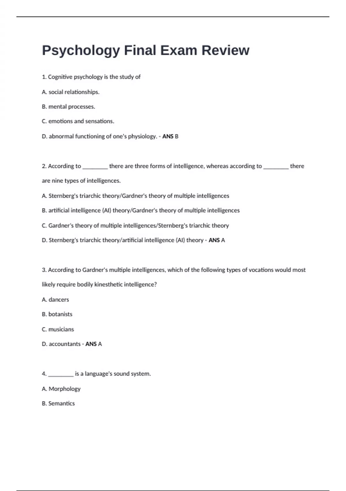 Psychology Final Exam Review. Latest 2025/2026 - Abnormal psychology ...