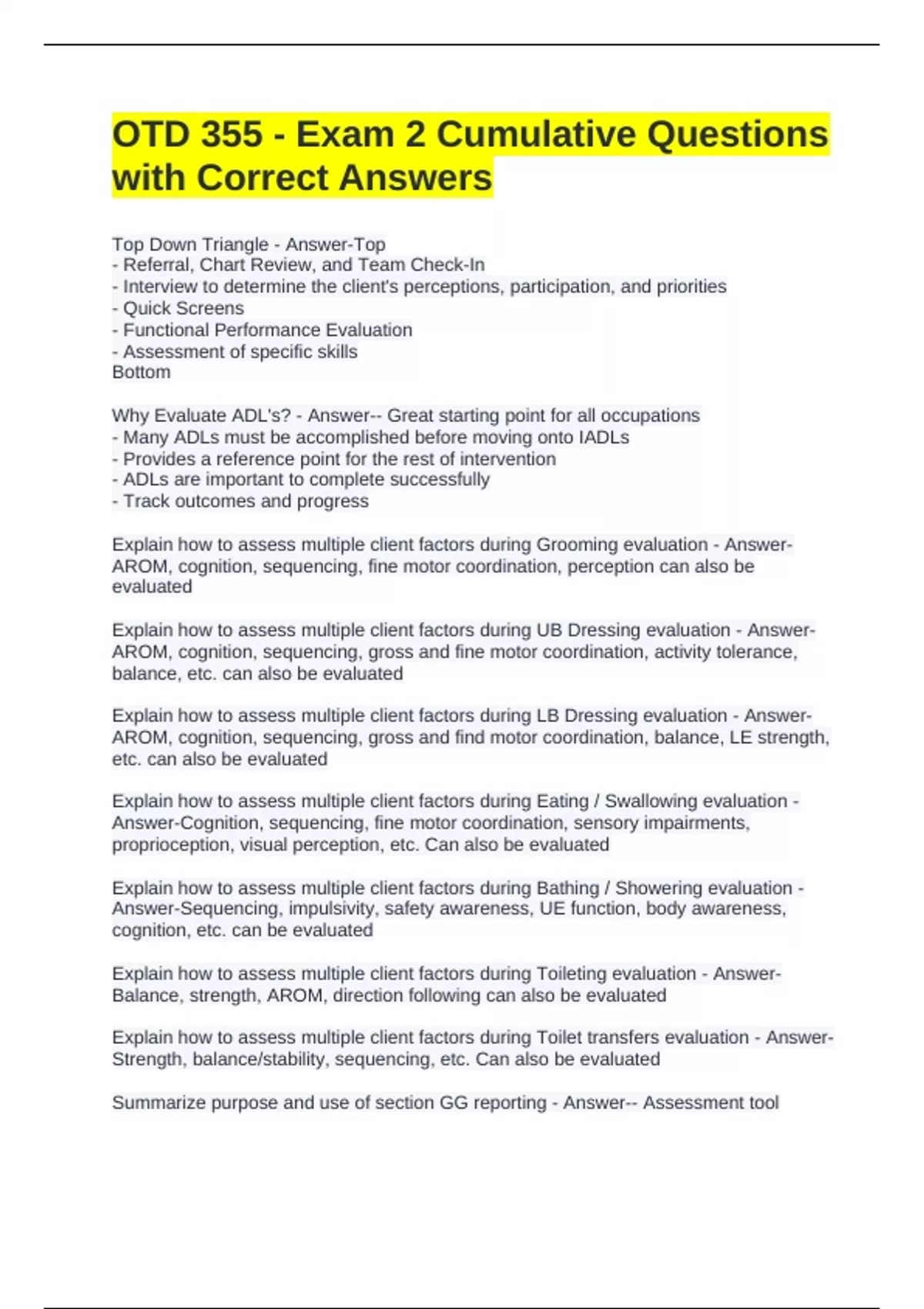 OTD 355 - Exam 2 Cumulative Questions with Correct Answers - OTD ...