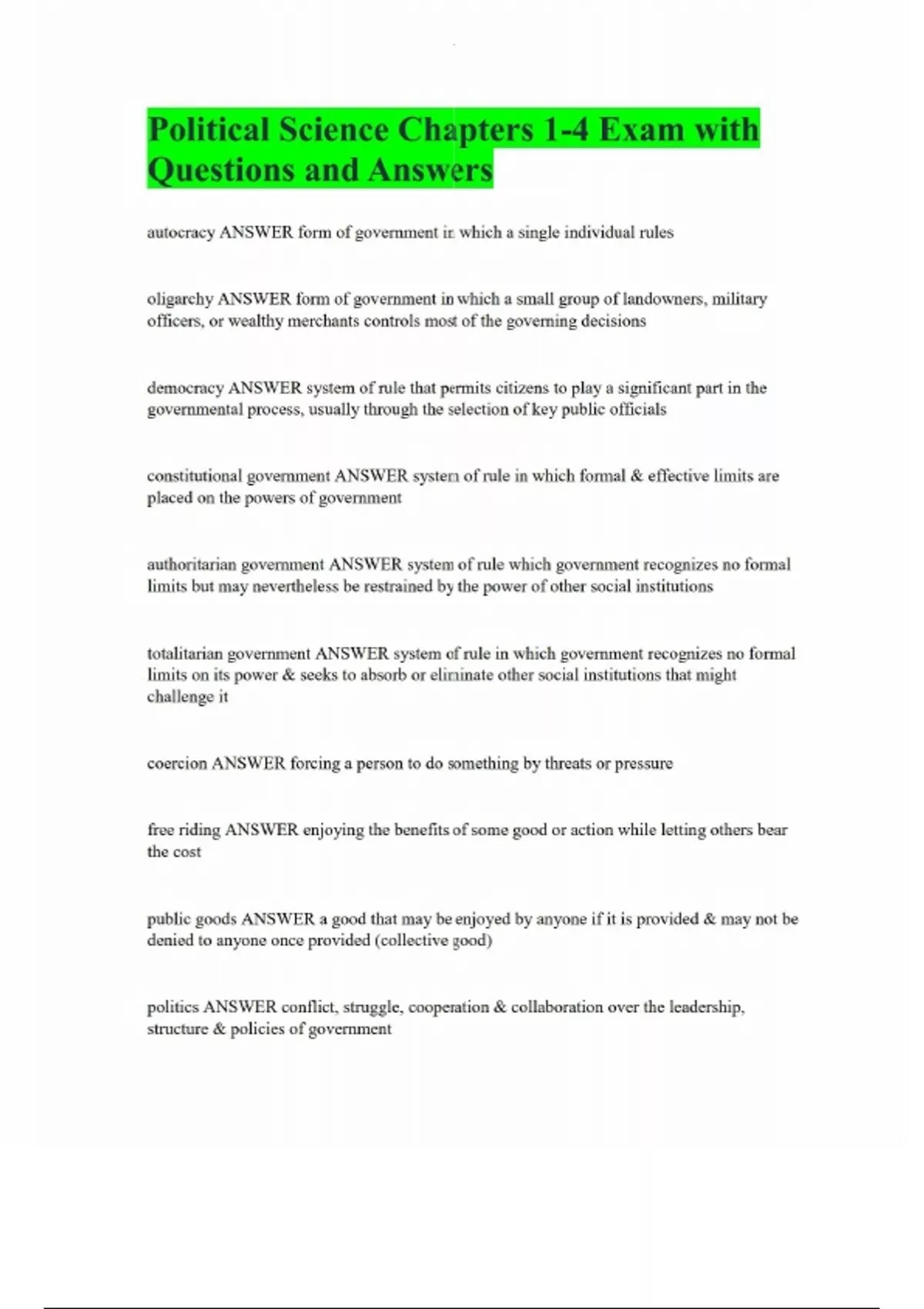 Political Science Chapters 1-4 Exam with Questions and Answers ...