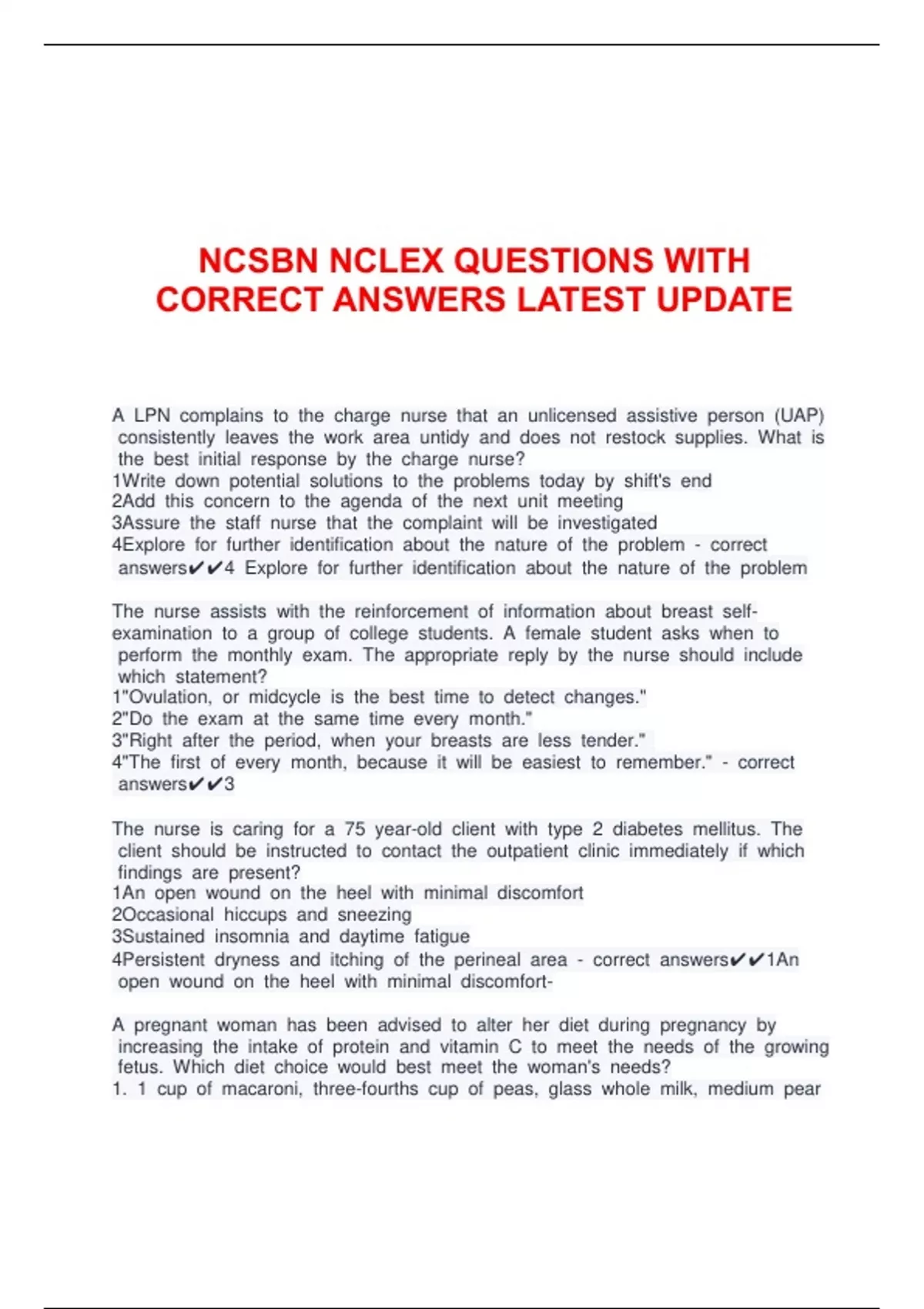 NCSBN NCLEX QUESTIONS WITH CORRECT ANSWERS LATEST UPDATE - NCSBN-NCLEX ...