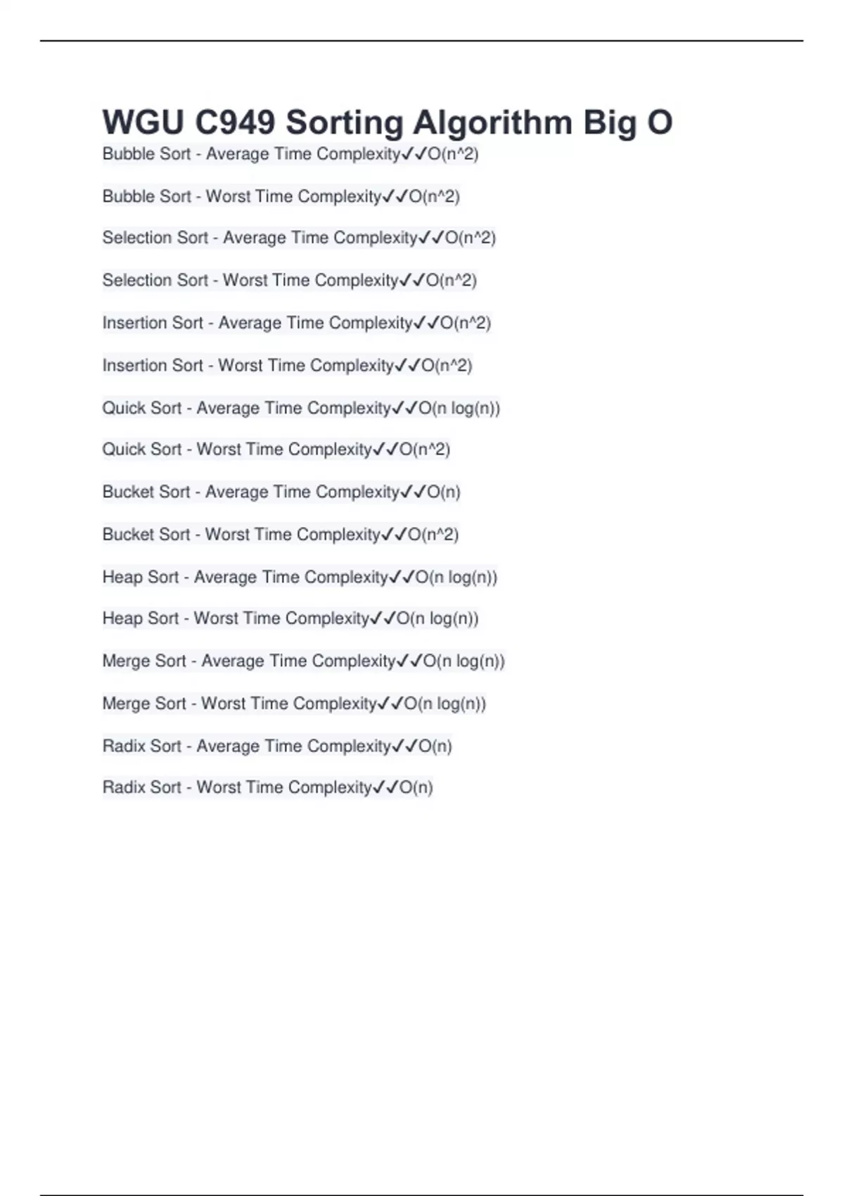 WGU C949 Sorting Algorithm Big O questions and answers - Wgu c949 ...