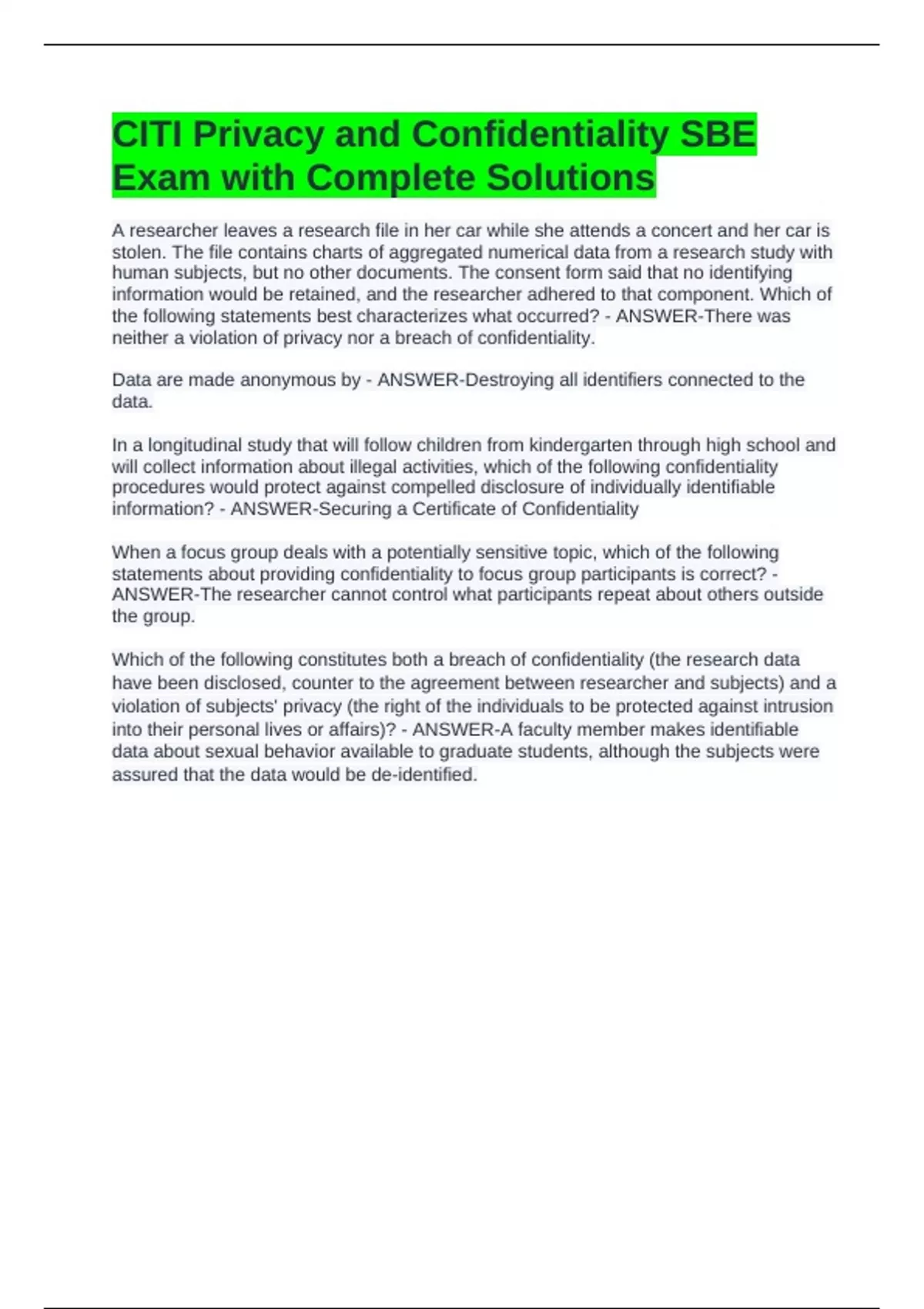 CITI Privacy and Confidentiality SBE Exam with Complete Solutions ...