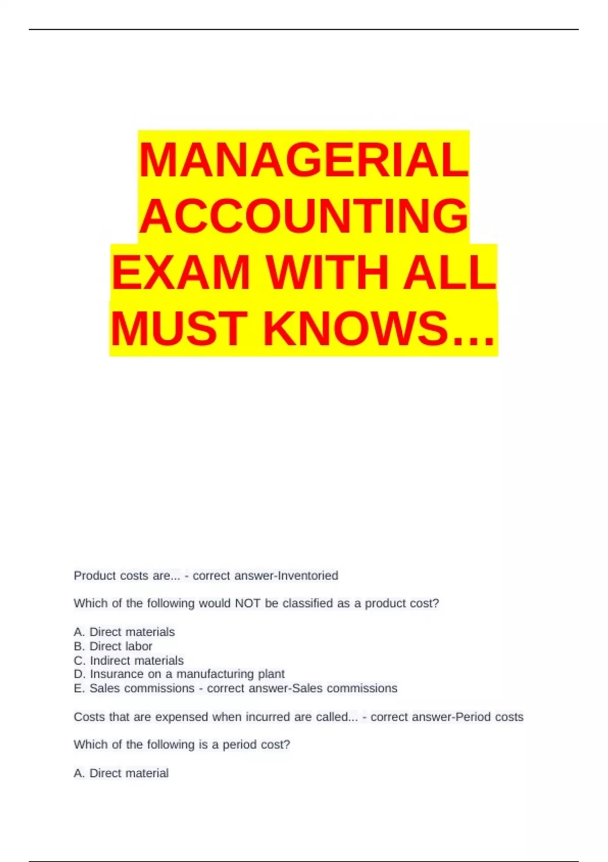 MANAGERIAL ACCOUNTING EXAM WITH ALL MUST KNOWS - Managerial Accounting ...