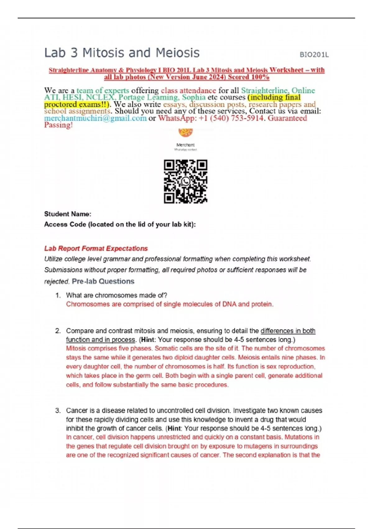 Straighterline Anatomy & Physiology I BIO 201L Lab 3 Mitosis and Meiosis Worksheet – with all ...