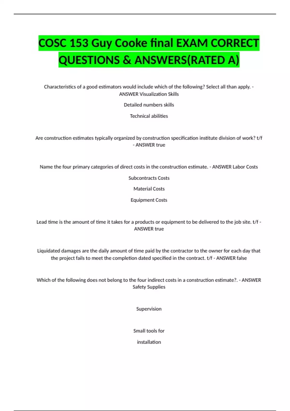COSC 153 Guy Cooke final EXAM CORRECT QUESTIONS & ANSWERS(RATED A ...