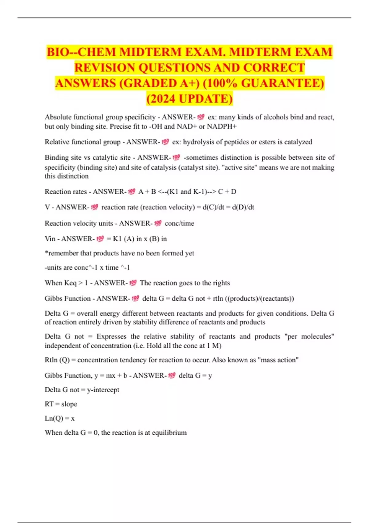 BIO--CHEM MIDTERM EXAM. MIDTERM EXAM REVISION QUESTIONS AND CORRECT ...
