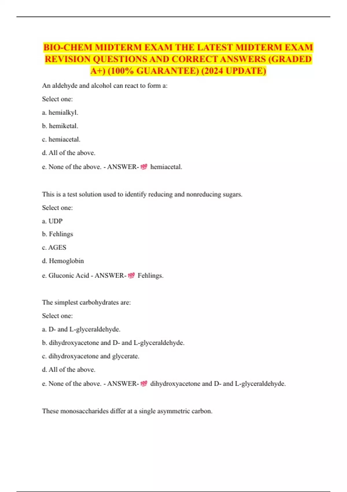 BIO-CHEM MIDTERM EXAM THE LATEST MIDTERM EXAM REVISION QUESTIONS AND ...