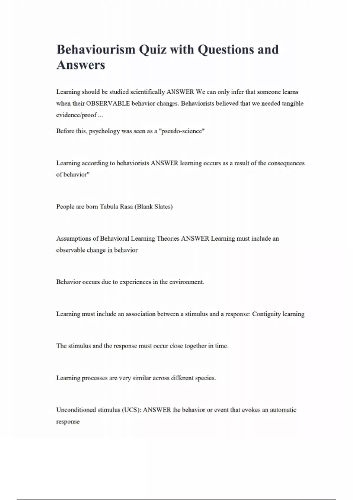 Behaviorism Quiz with Questions and Answers - Behaviourism - Stuvia US