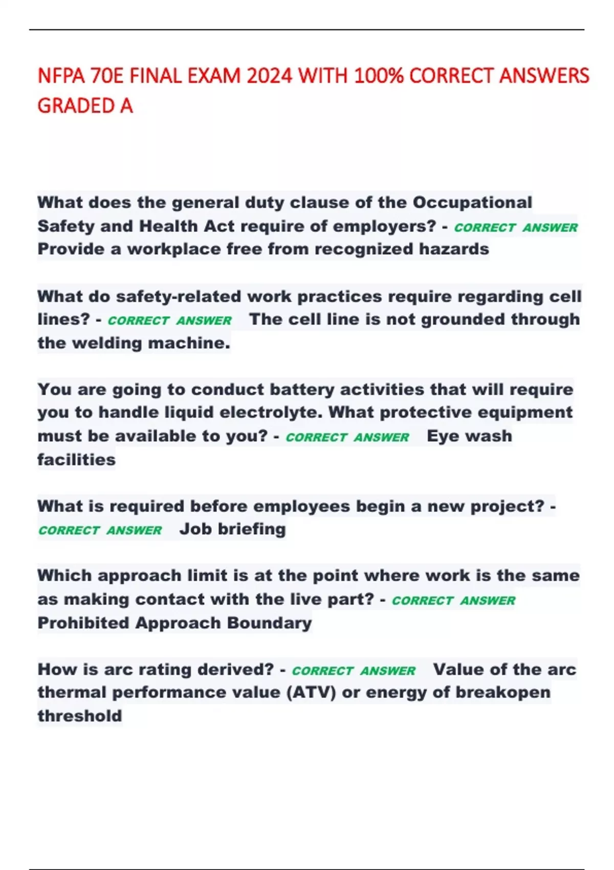 NFPA 70E FINAL EXAM 2024 WITH 100% CORRECT ANSWERS GRADED - NFPA 70E ...