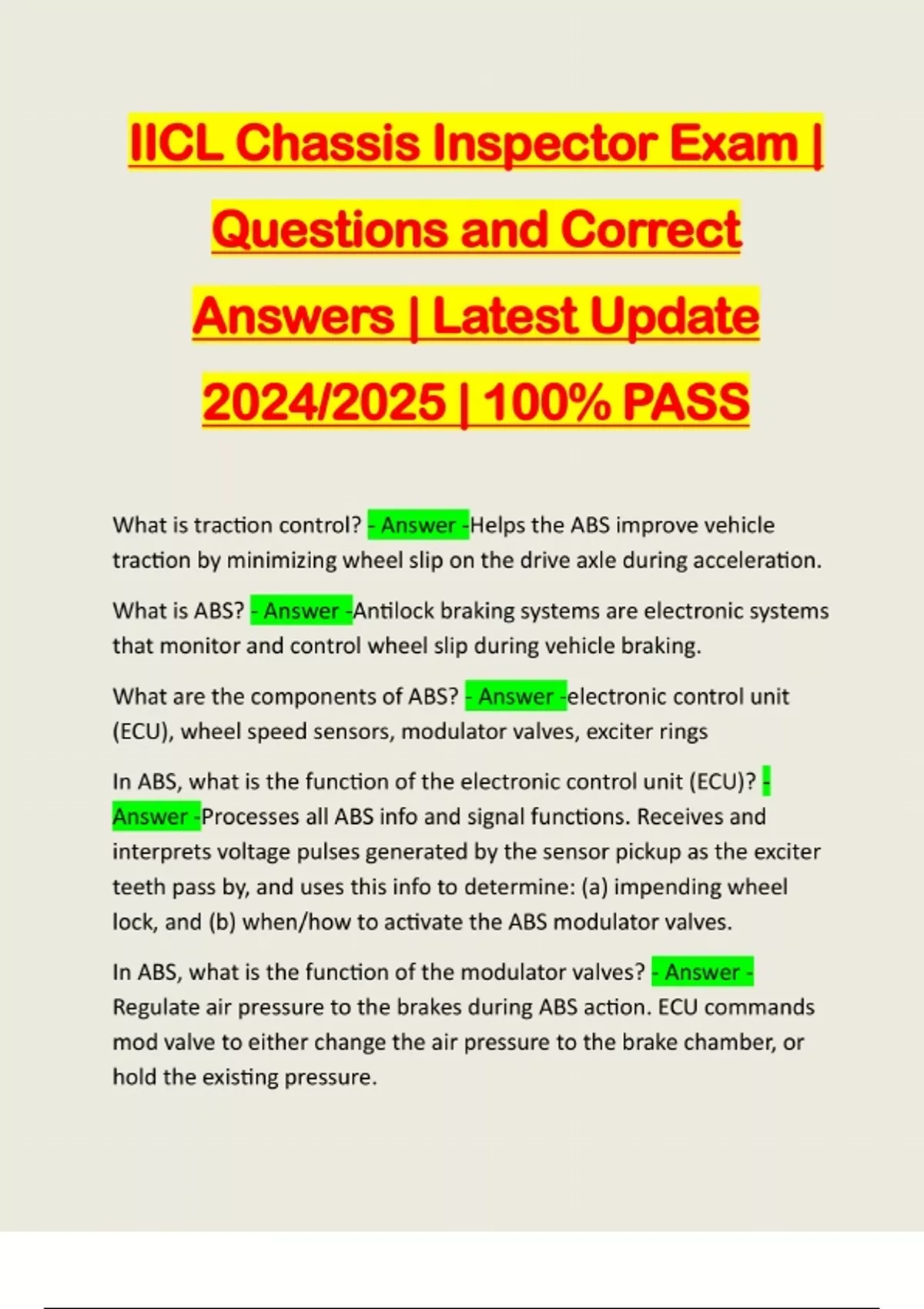 IICL Chassis Inspector Exam | Questions and Correct Answers | Latest ...