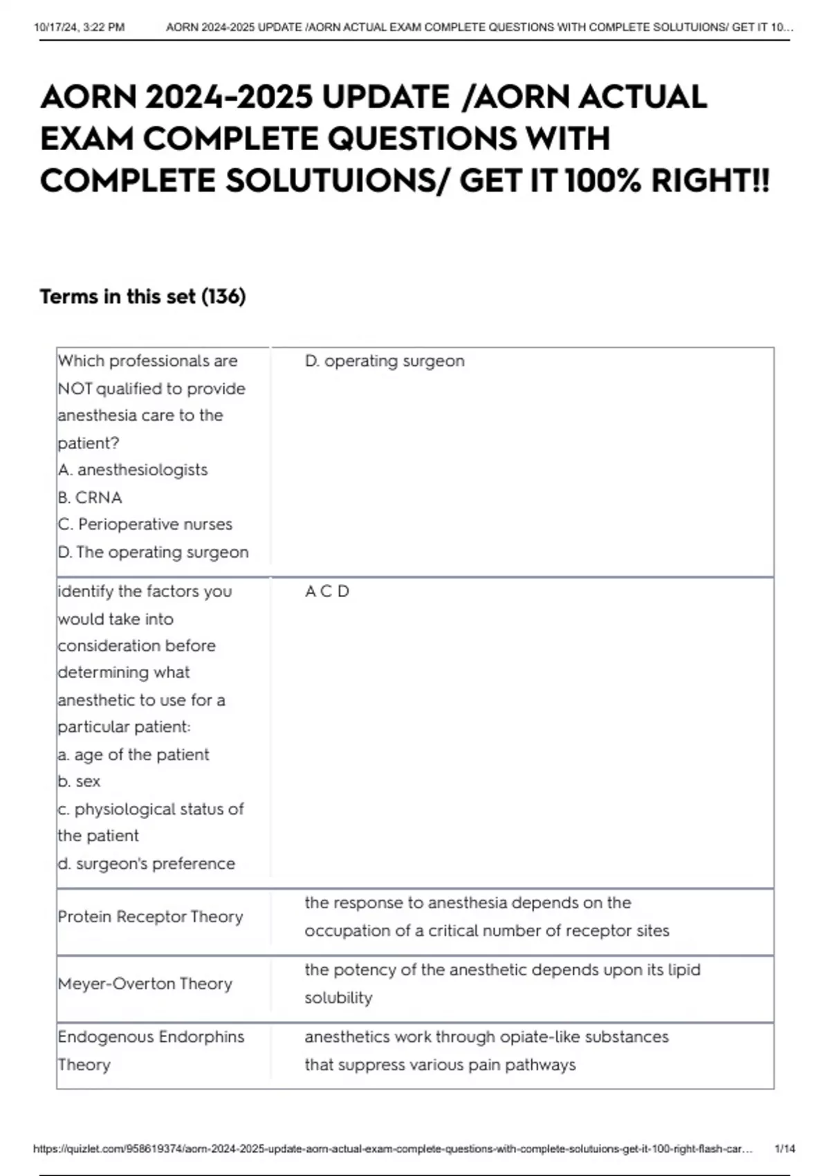 AORN UPDATE /AORN ACTUAL EXAM COMPLETE QUESTIONS WITH COMPLETE ...