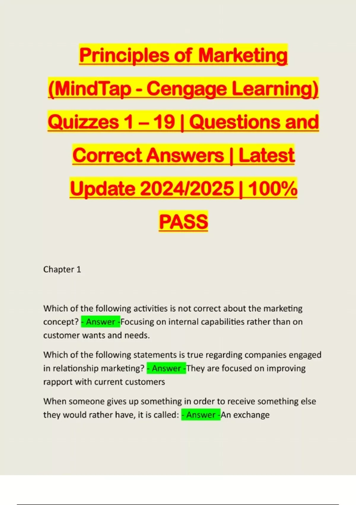 Principles of Marketing (MindTap - Cengage Learning) Quizzes 1 – 19 ...