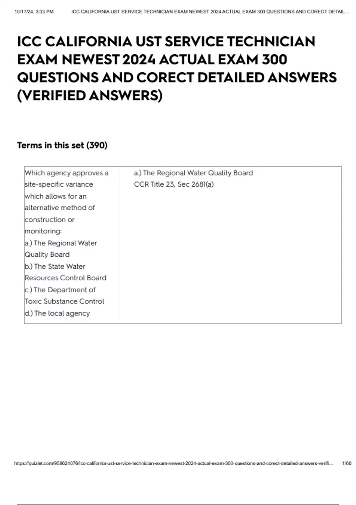ICC CALIFORNIA UST SERVICE TECHNICIAN EXAM NEWEST 2024 ACTUAL EXAM 300 QUESTIONS AND CORECT ...
