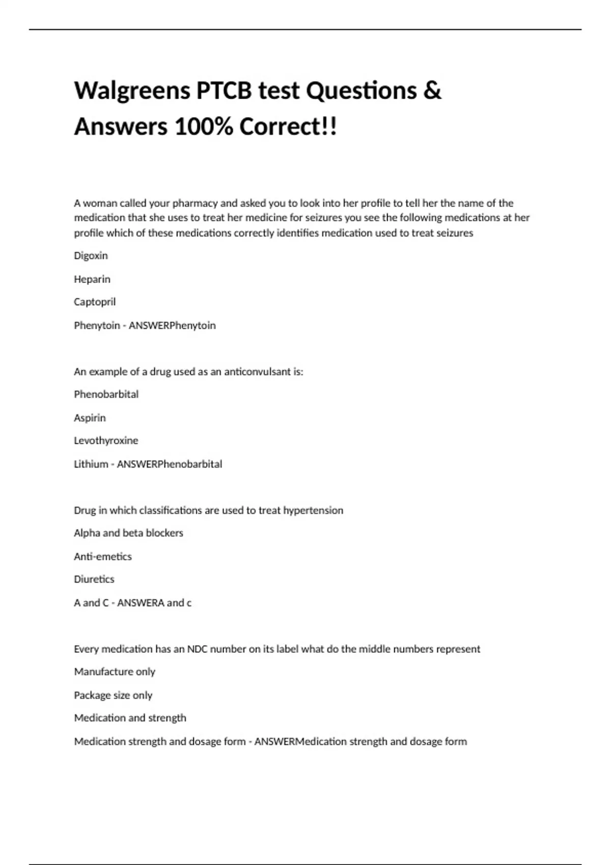 Walgreens PTCB test Questions & Answers 100% Correct!! - Walgreens PTCB ...