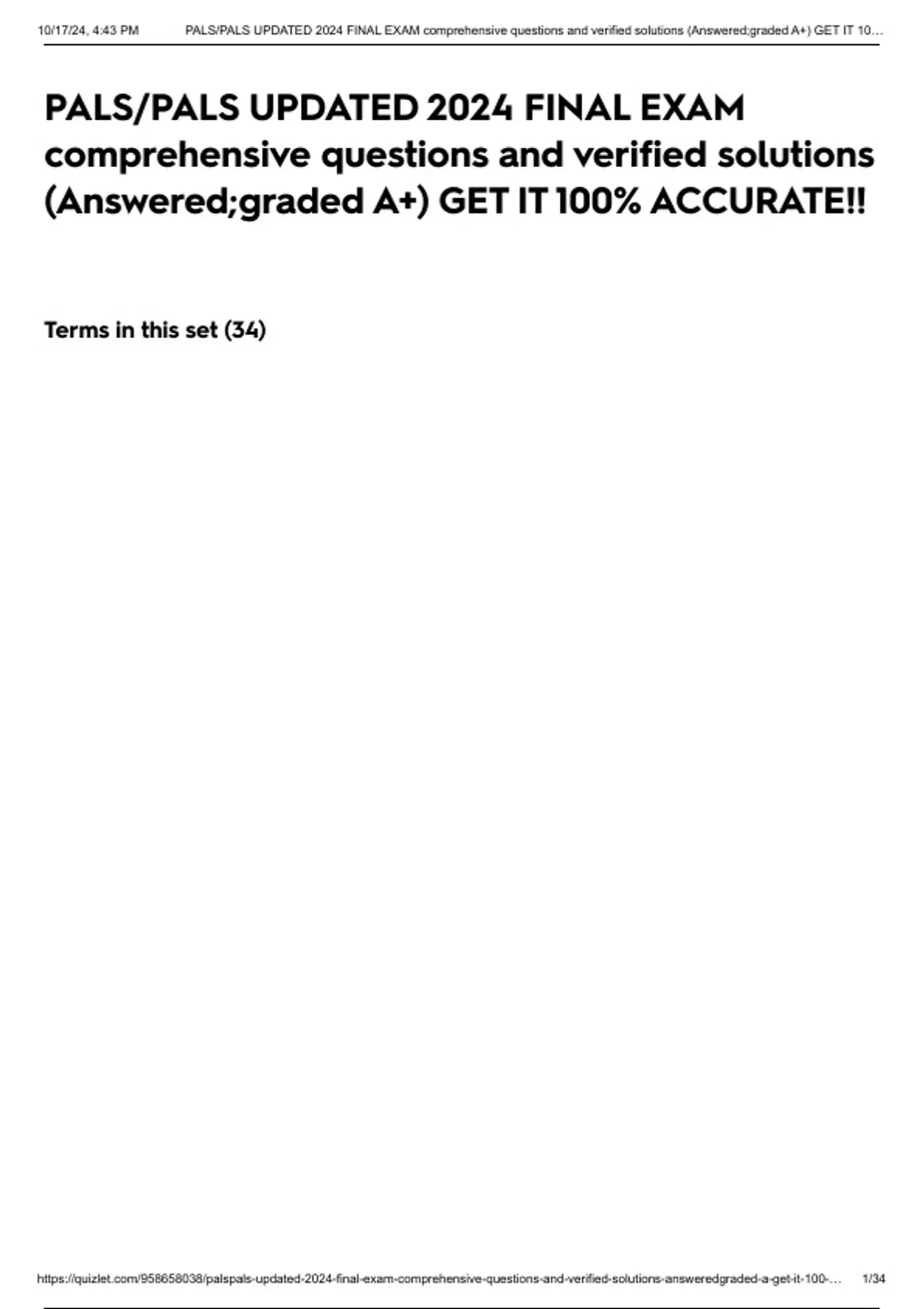 PALS/PALS UPDATED 2024 FINAL EXAM comprehensive questions and verified ...