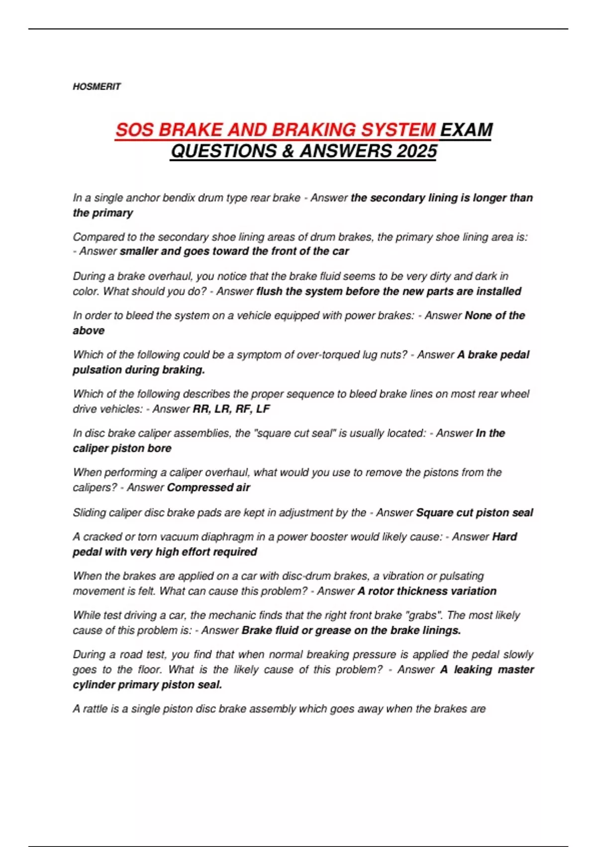 SOS BRAKE AND BRAKING SYSTEM EXAM QUESTIONS & ANSWERS 2025 - SOS BRAKE ...