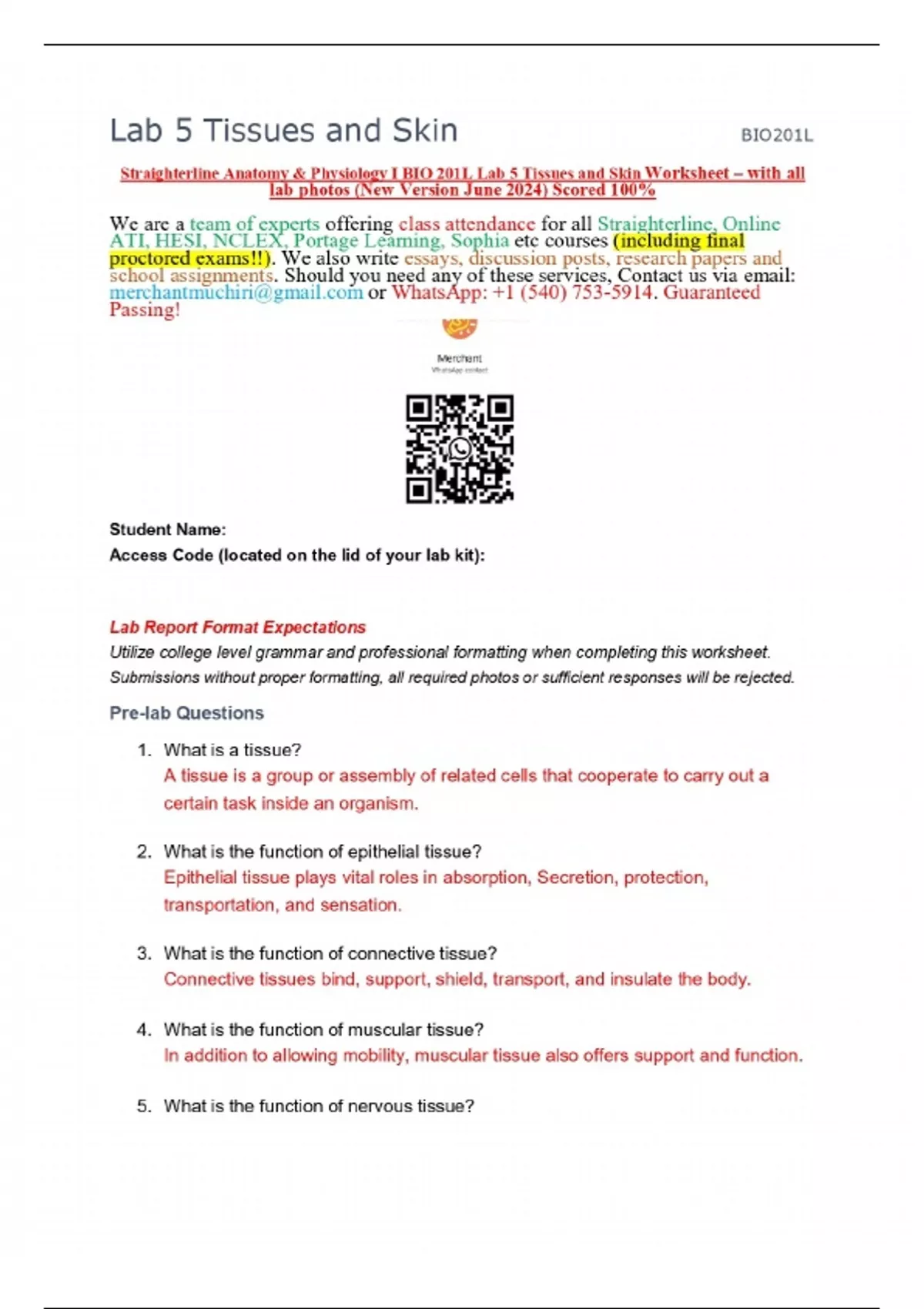 Straighterline Anatomy & Physiology I BIO 201L Lab 5 Tissues and Skin Worksheet – with all lab ...