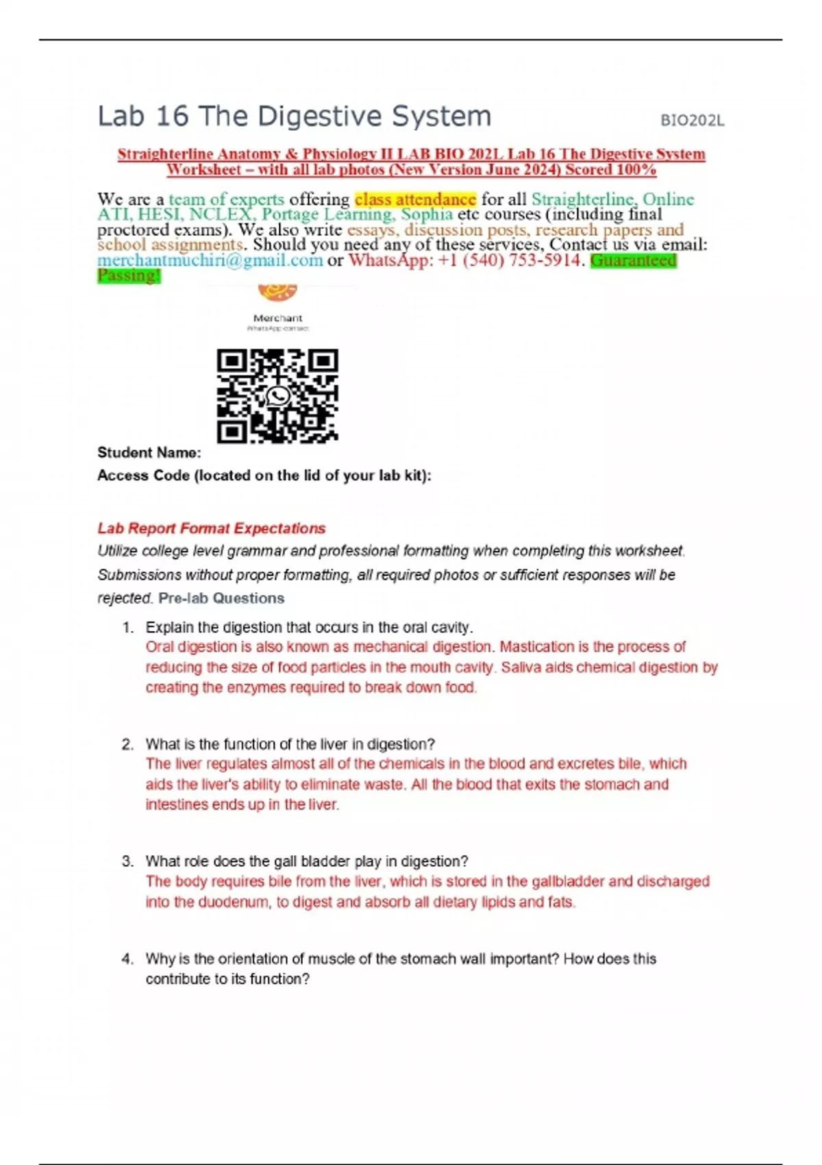 Straighterline Anatomy & Physiology II LAB BIO 202L Lab 16 The Digestive System Worksheet – with ...