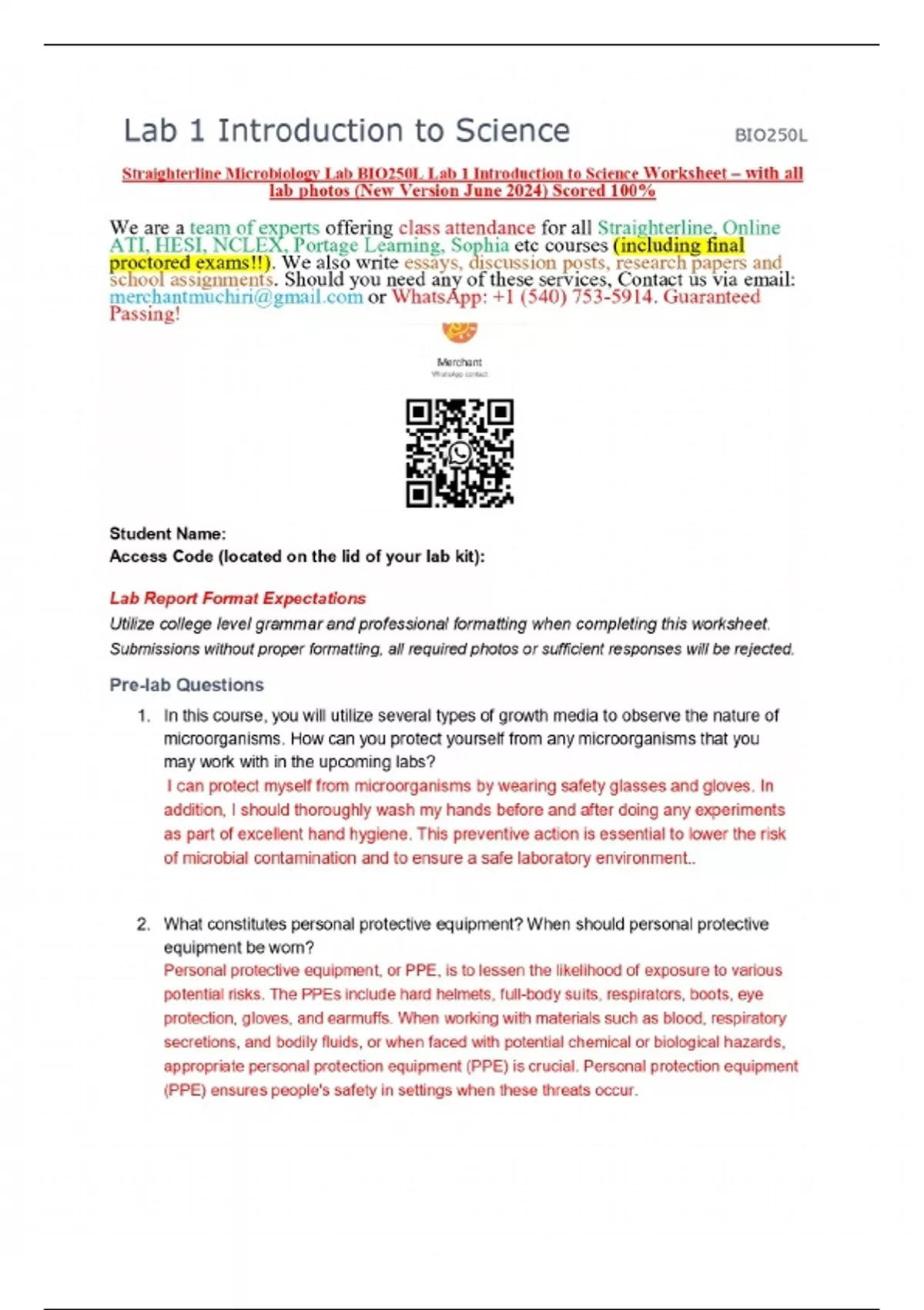 Straighterline Microbiology Lab BIO250L Lab 1 Introduction to Science ...