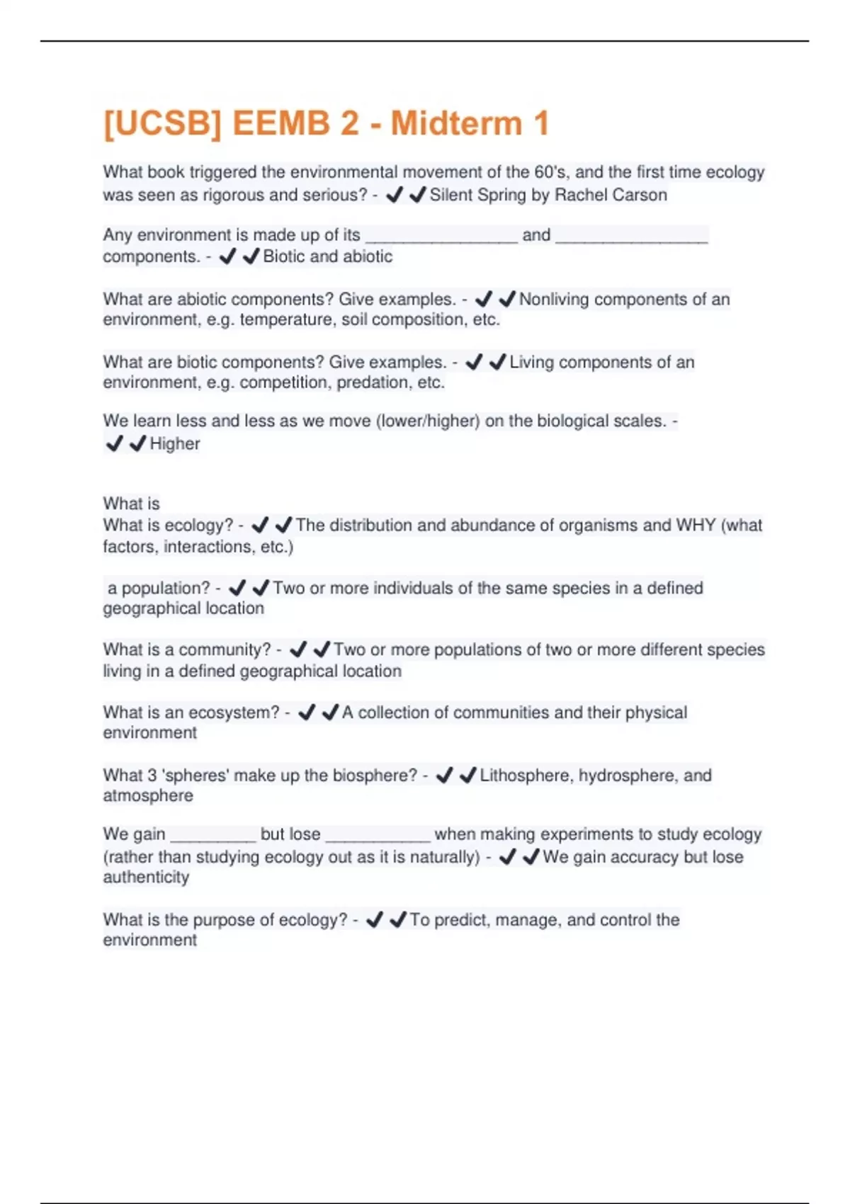 [UCSB] EEMB 2 - Midterm 1 Questions and Answers 100% Solved correctly - [UCSB] EEMB 2 - Stuvia US
