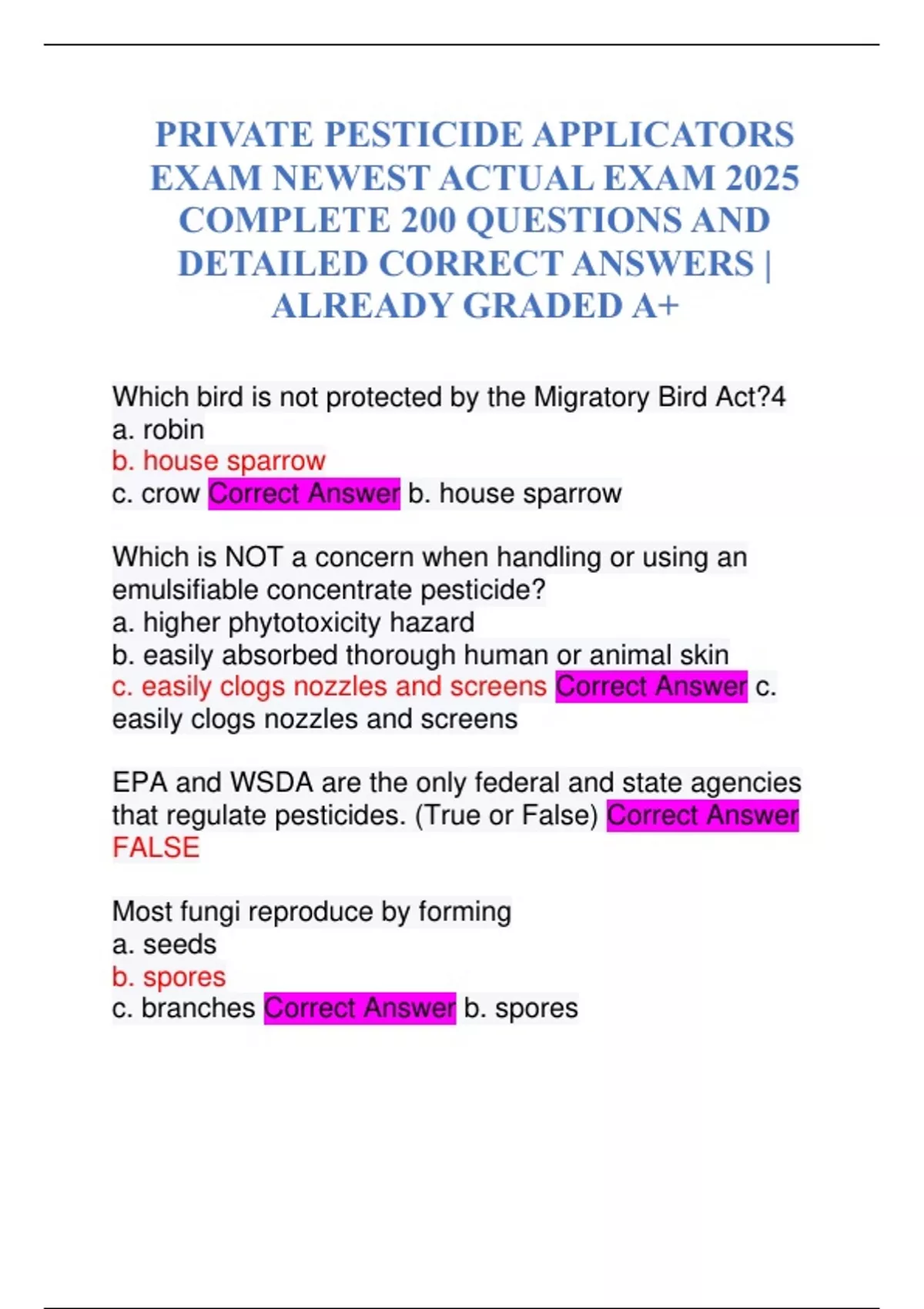 PRIVATE PESTICIDE APPLICATORS EXAM NEWEST ACTUAL EXAM 2025 COMPLETE 200 ...