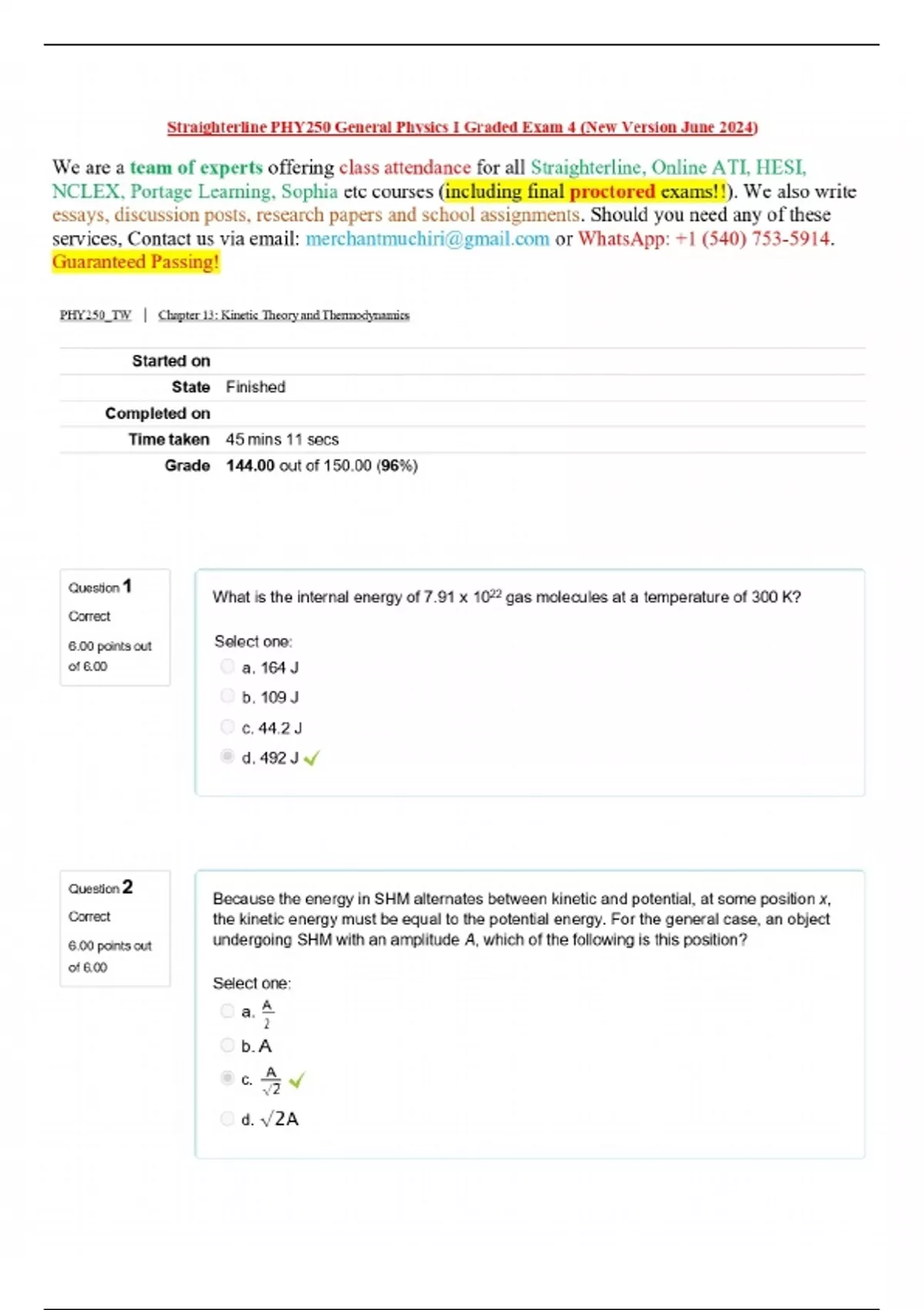 Straighterline PHY250 General Physics I Graded Exam 4 (New Version June ...