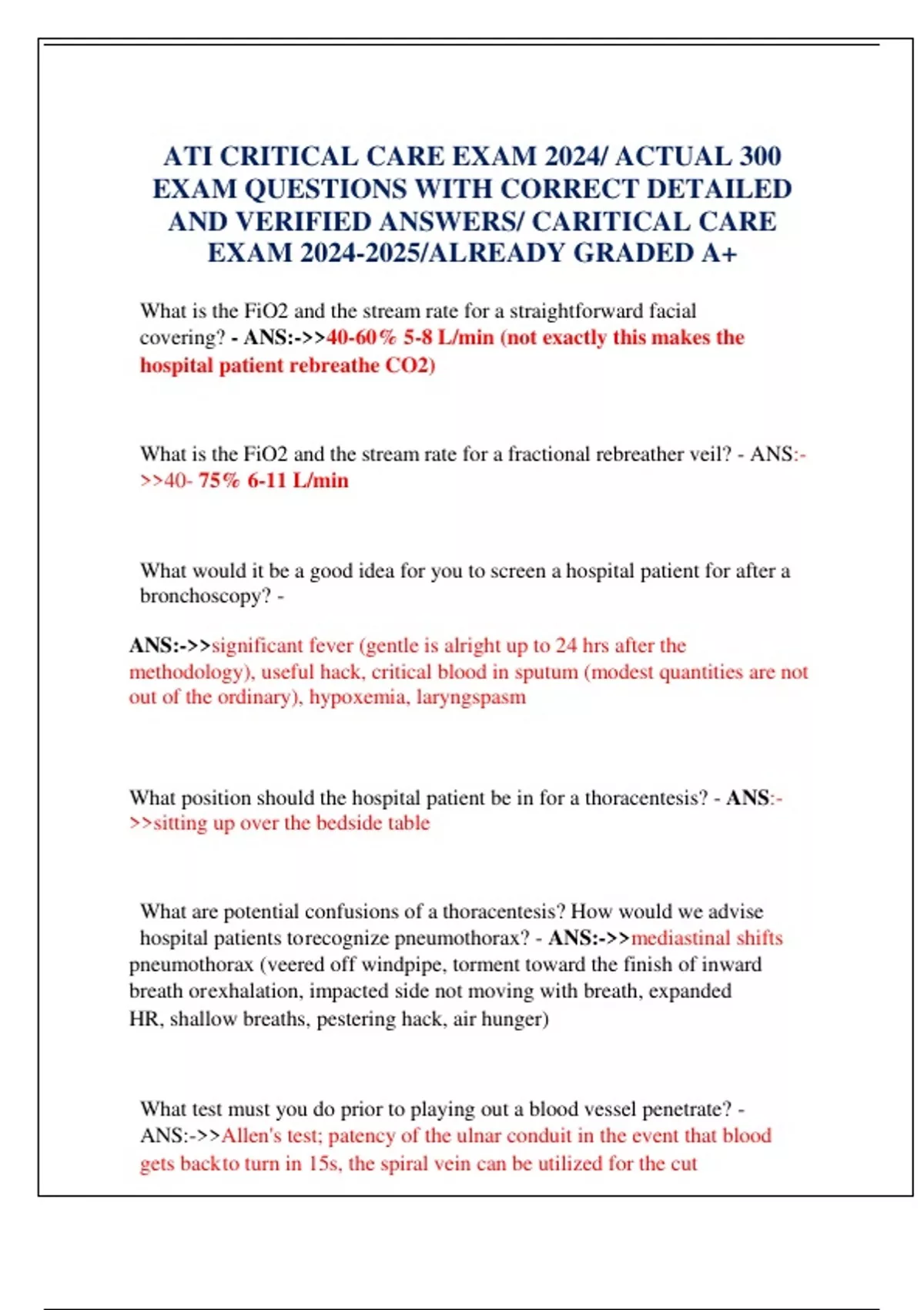 ATI CRITICAL CARE EXAM 2024/ ACTUAL 300 EXAM QUESTIONS WITH CORRECT ...