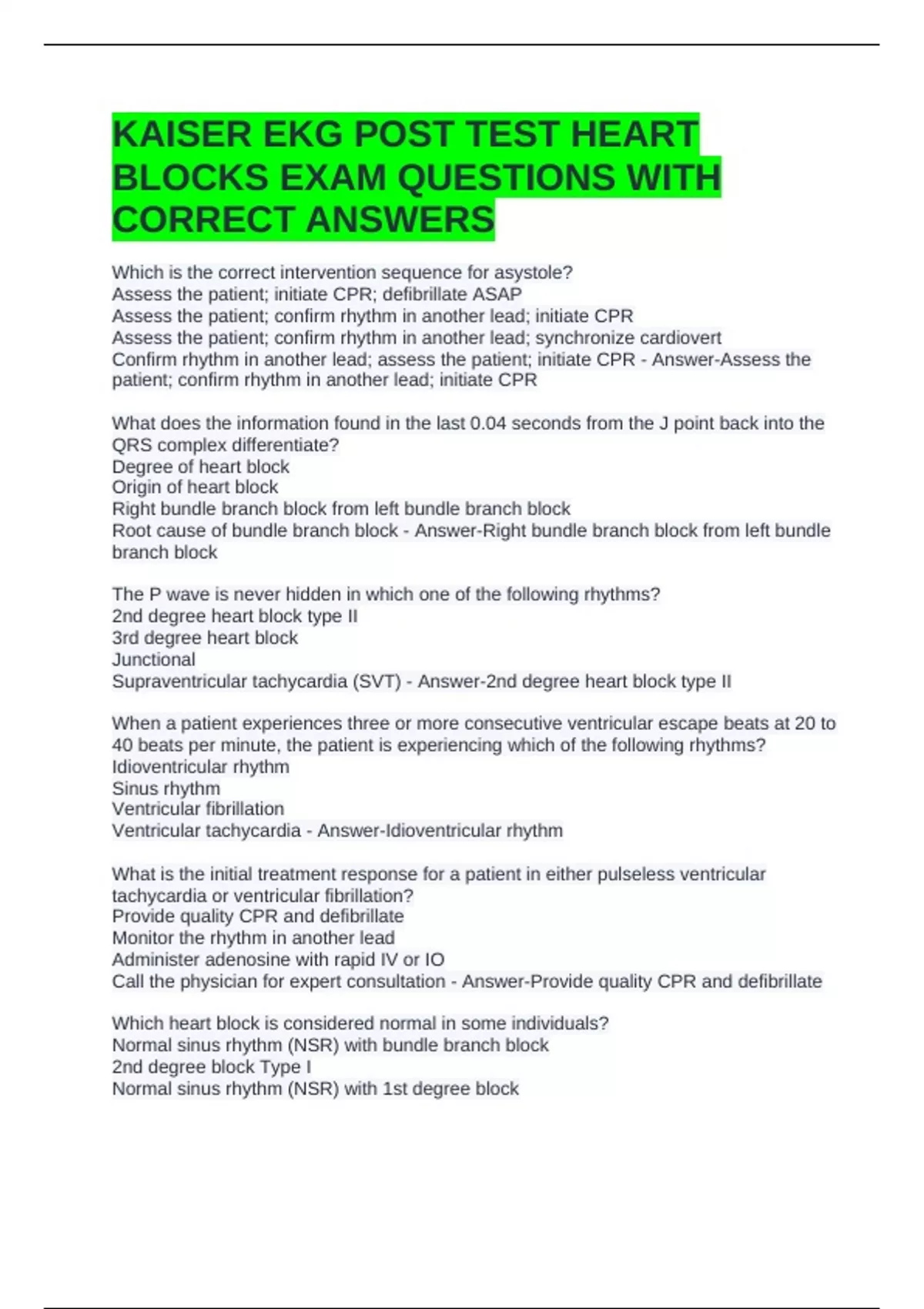 KAISER EKG POST TEST HEART BLOCKS EXAM QUESTIONS WITH CORRECT ANSWERS ...