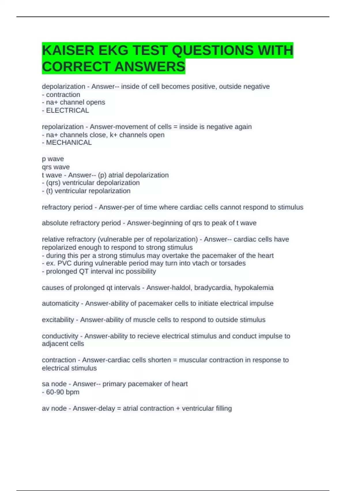 KAISER EKG TEST QUESTIONS WITH CORRECT ANSWERS - Kaiser ekg - Stuvia US