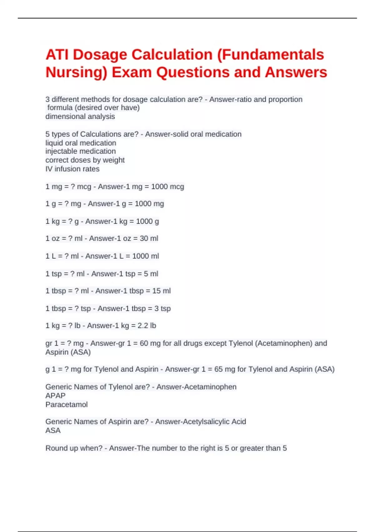 ATI Dosage Calculation (Fundamentals Nursing) Exam Questions and ...