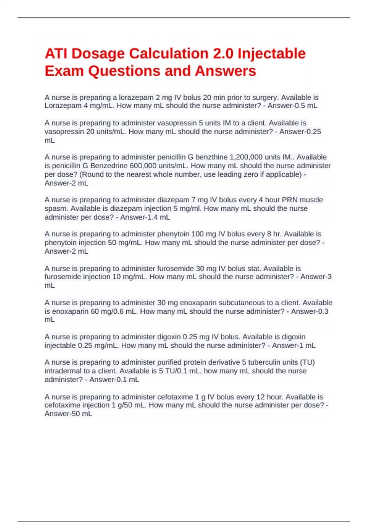 ATI Dosage Calculation 2.0 Injectable Exam Questions and Answers - ATI ...