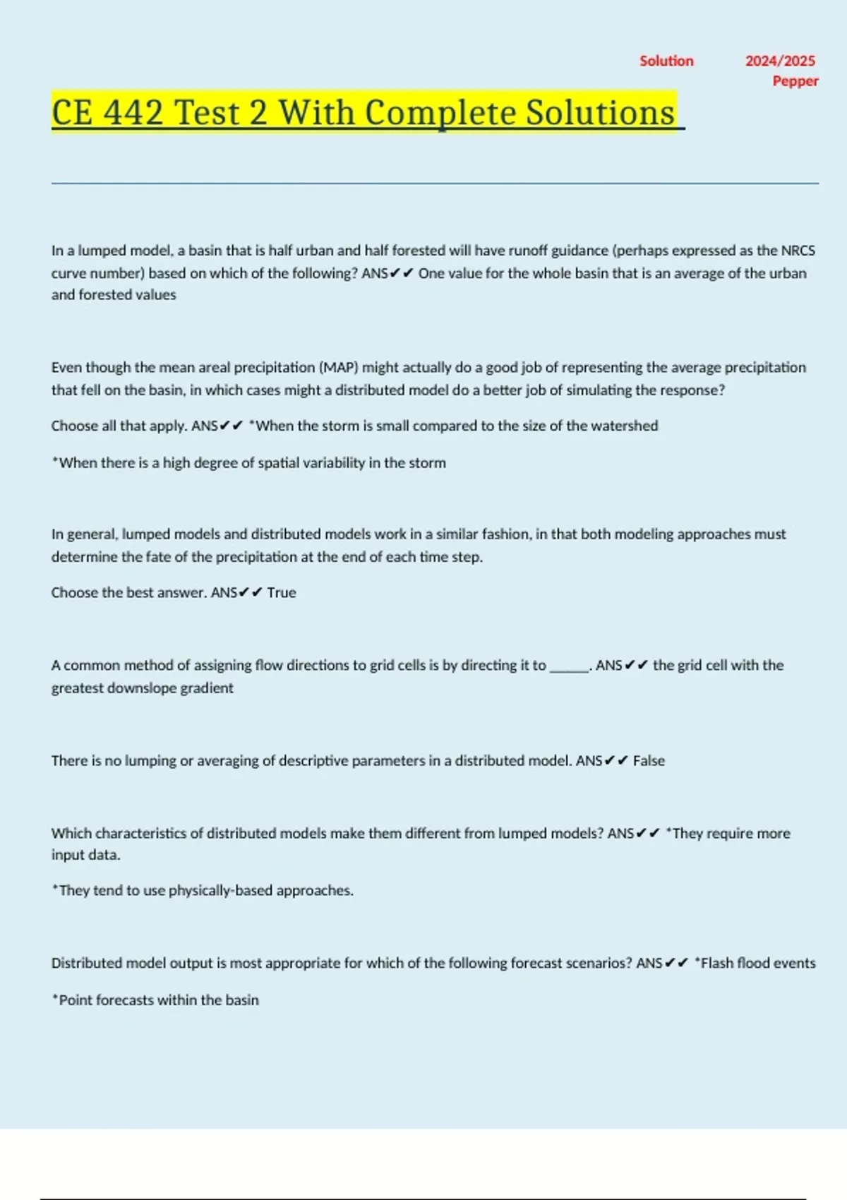CE 442 Test 2 With Complete Solutions - CE442 Hydraulics Engineering ...