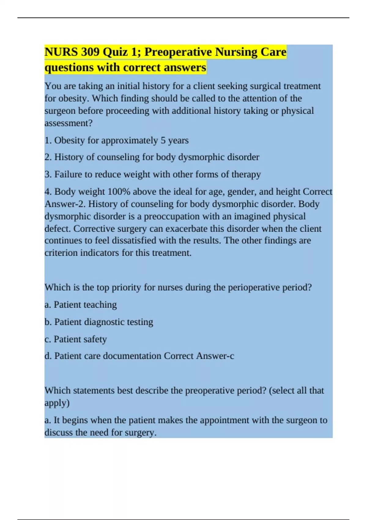NURS 309 Quiz 1; Preoperative Nursing Care questions with correct ...