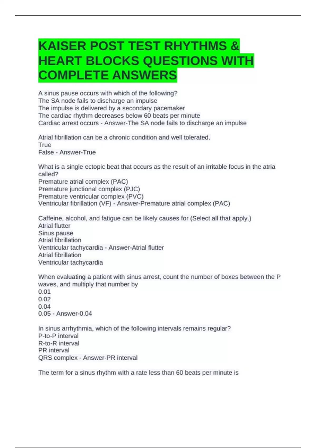 KAISER POST TEST RHYTHMS & HEART BLOCKS QUESTIONS WITH COMPLETE ANSWERS ...