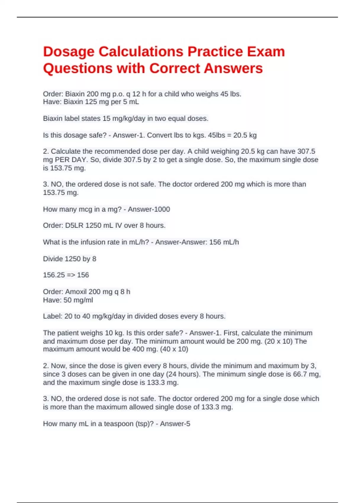 Dosage Calculations Practice Exam Questions with Correct Answers - ATI ...
