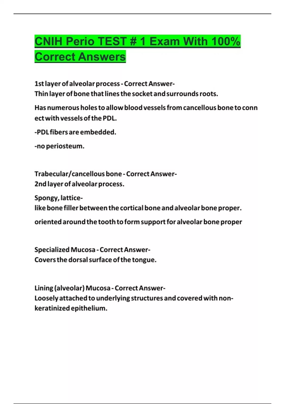CNIH Perio TEST # 1 Exam With 100% Correct Answers 2024 - CNIH - Stuvia US