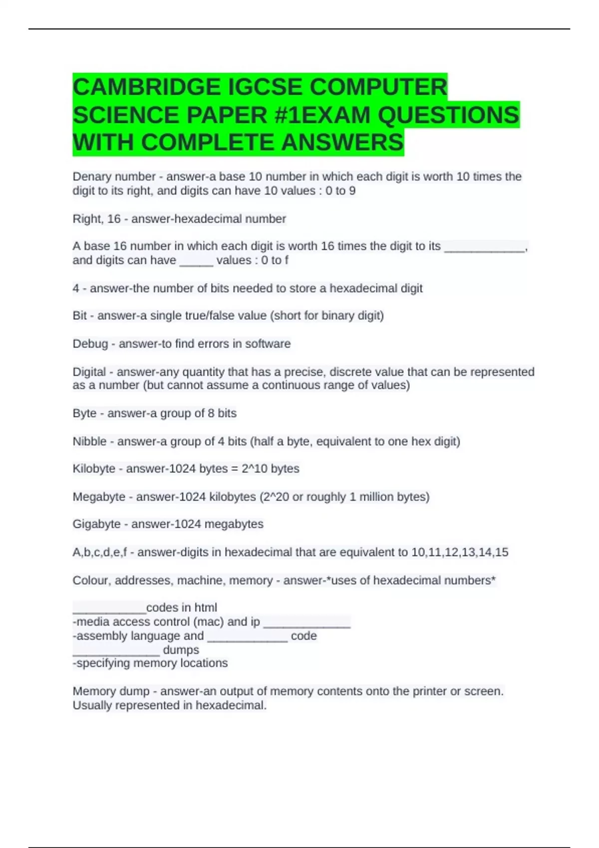 CAMBRIDGE IGCSE COMPUTER SCIENCE PAPER #1EXAM QUESTIONS WITH COMPLETE ANSWERS - IGCSE Computer ...