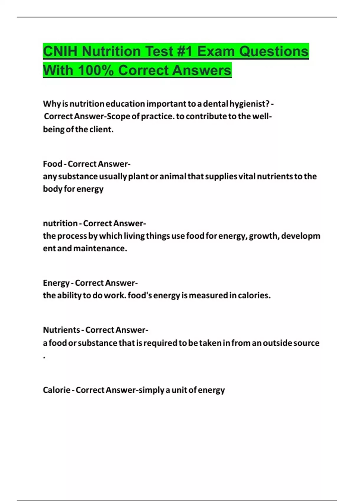 CNIH Nutrition Test #1 Exam Questions With 100% Correct Answers 2024 ...