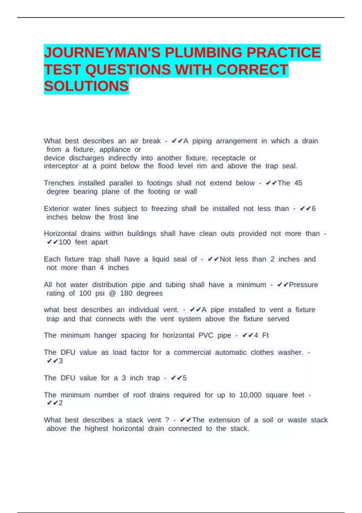 JOURNEYMAN-S PLUMBING PRACTICE TEST QUESTIONS WITH CORRECT SOLUTIONS ...