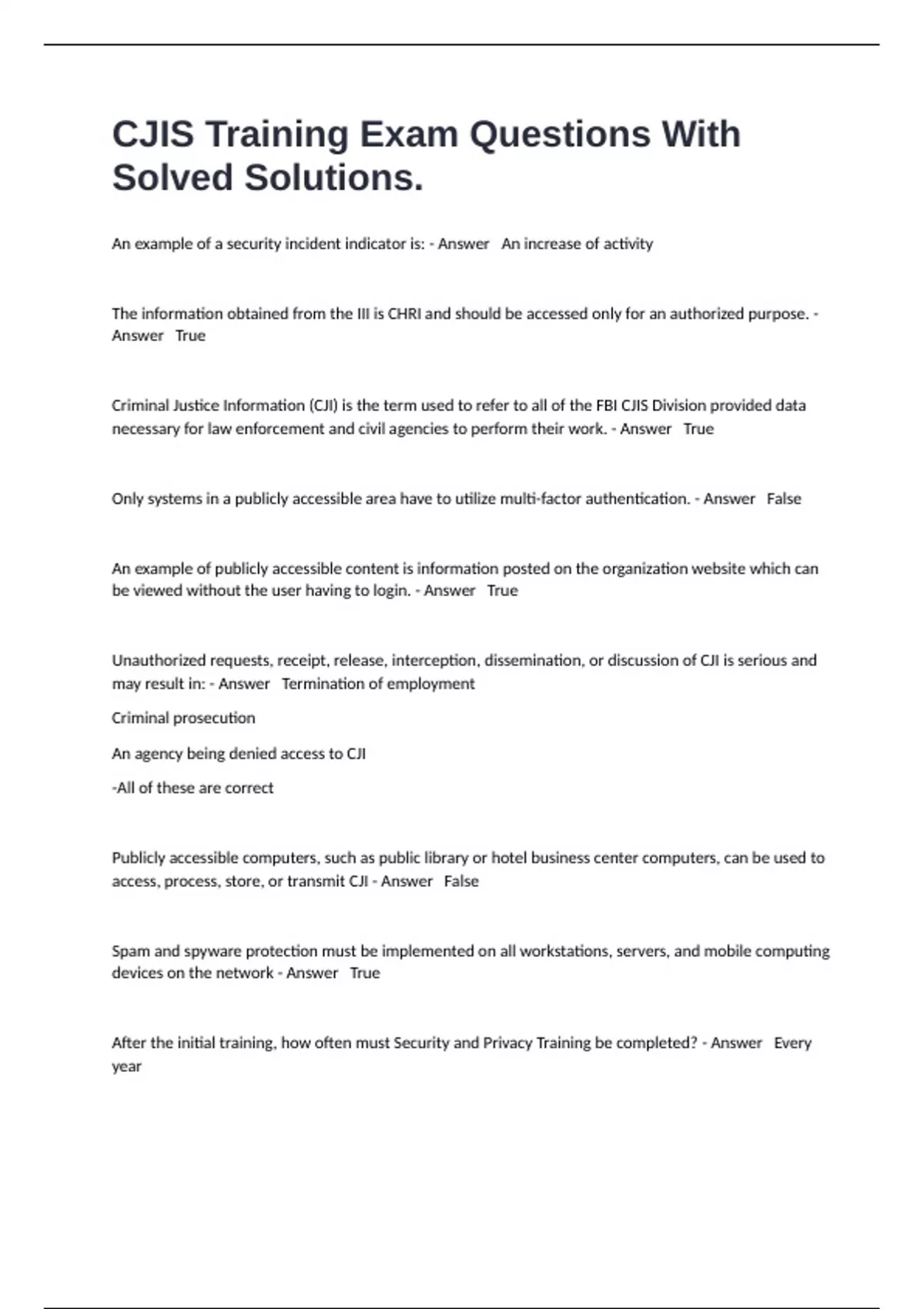 CJIS Training Exam Questions With Solved Solutions. - Cjis - Stuvia US